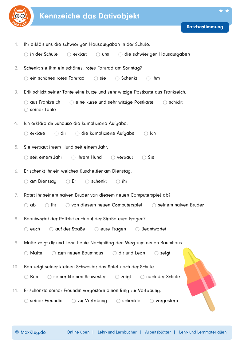 Kennzeiche das Dativobjekt