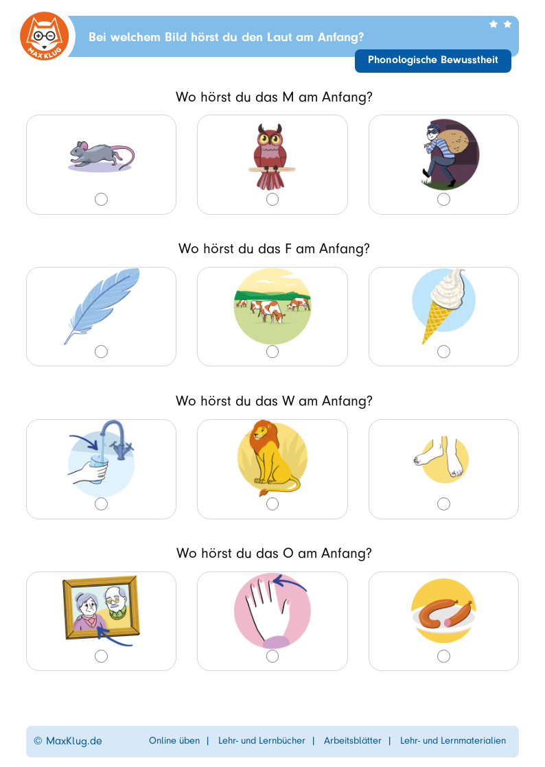 Arbeitsblätter | Phonologische Bewusstheit | Laute hören
