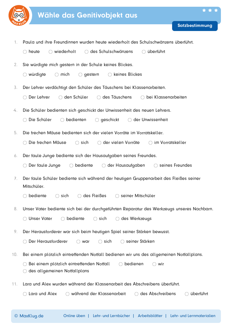 Arbeitsblatt Satzglieder: Genitivobjekt – BIXGY