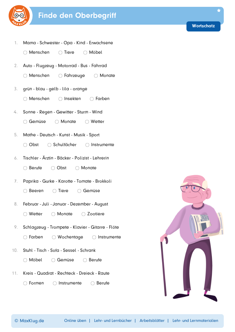 Arbeitsblätter | Wortschatz | Oberbegriffe